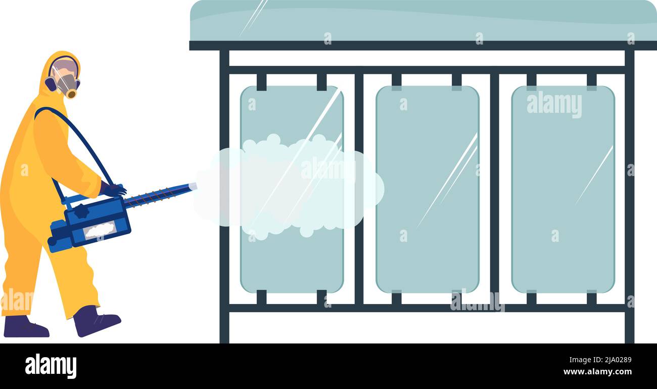 Worker cleaning city streets doing sanitization of bus stop flat vector ...