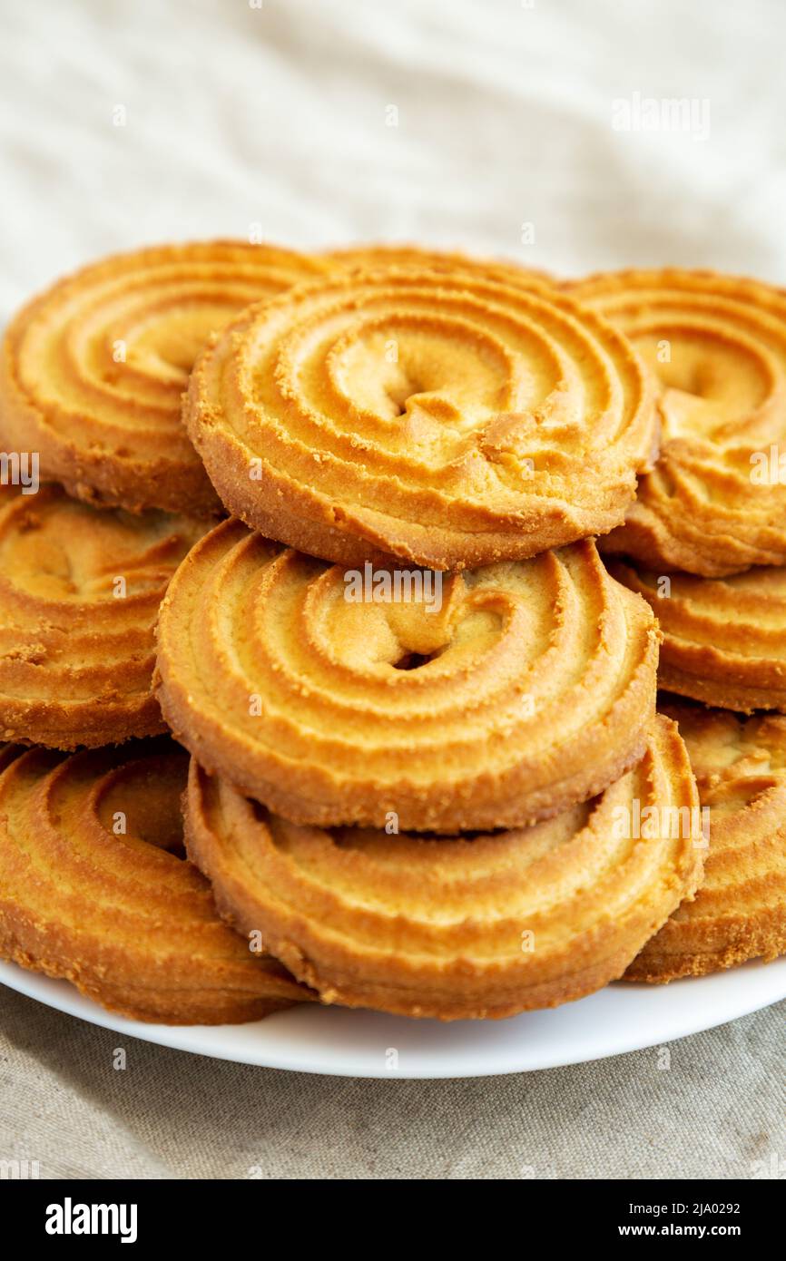 Homemade Sprits Biscuits on a Plate, side view. Close-up Stock Photo ...