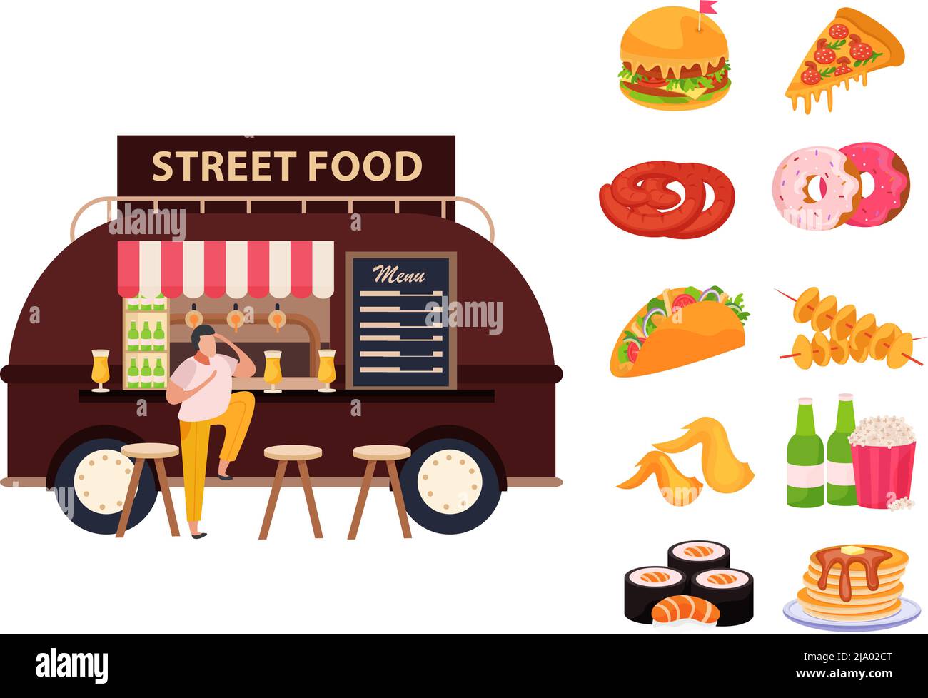 Street food concept with food and drink symbols flat vector ...