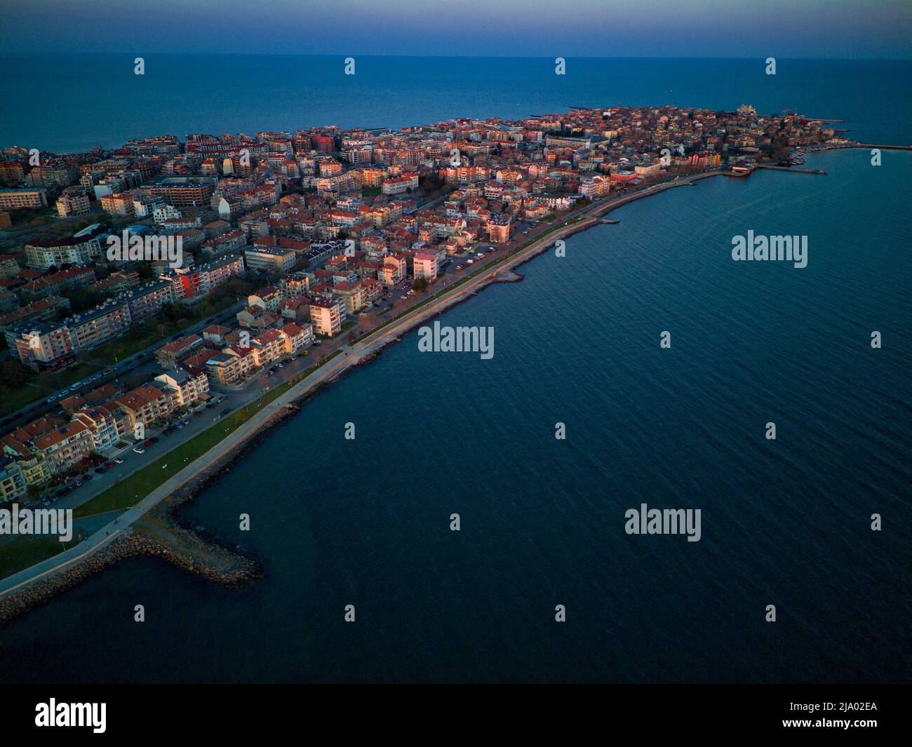 Bird's eye view over small ancient resort town of Pomorie with old ...
