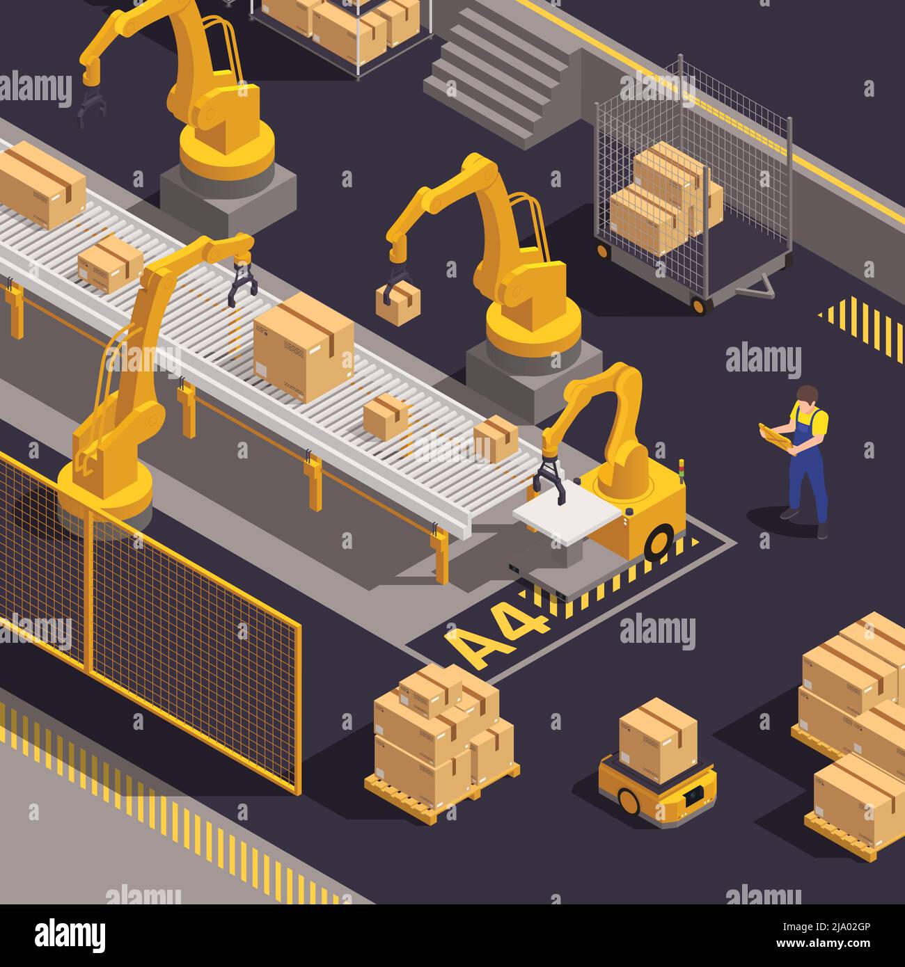 Modern warehouse equipment isometric composition with computer ...