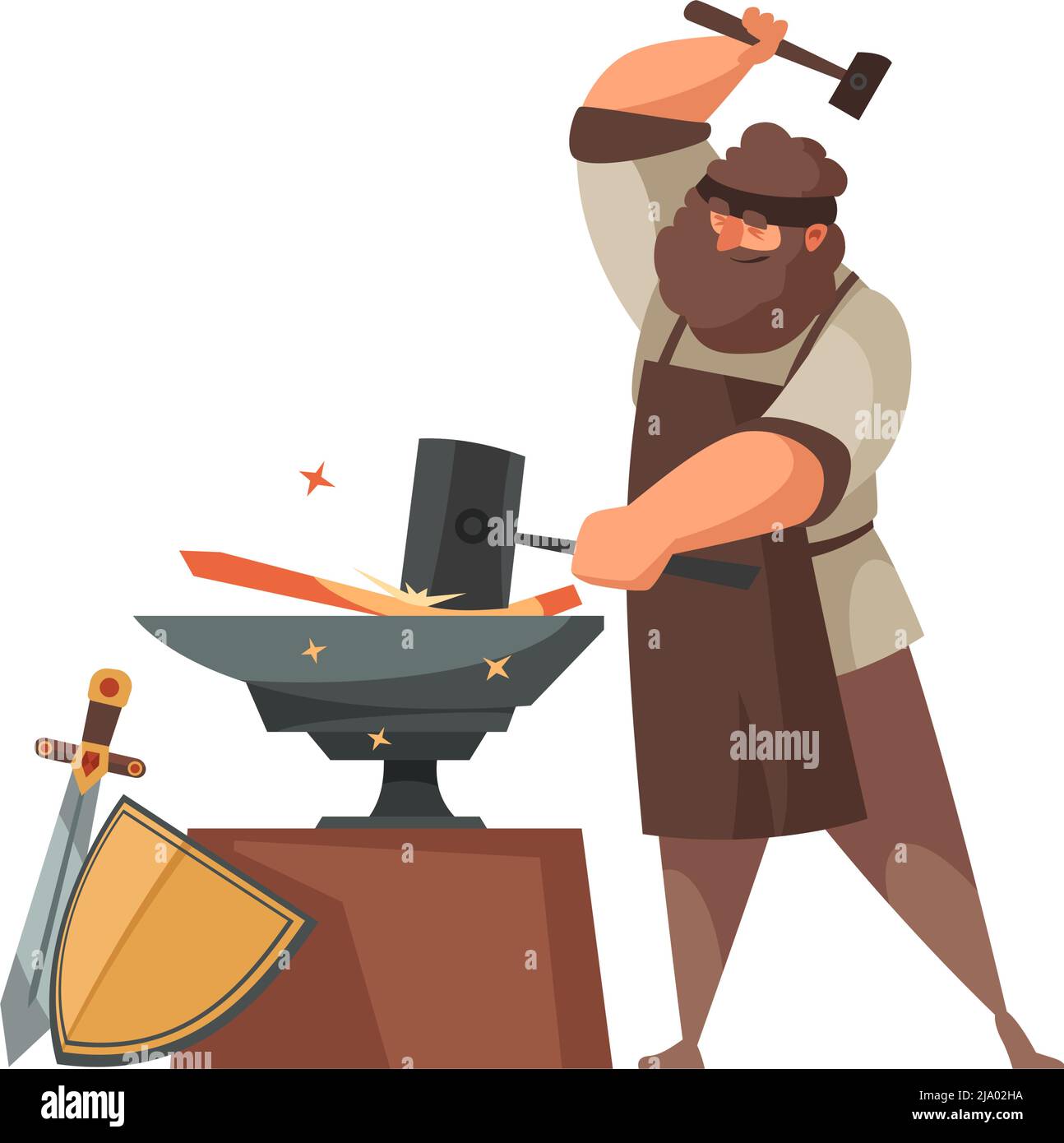 Medieval blacksmith making swords and shields on anvil cartoon vector illustration Stock Vector ...