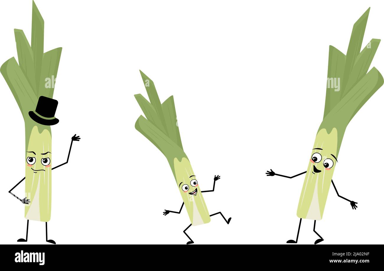 Family of green leek character with happy emotions and poses, smile ...