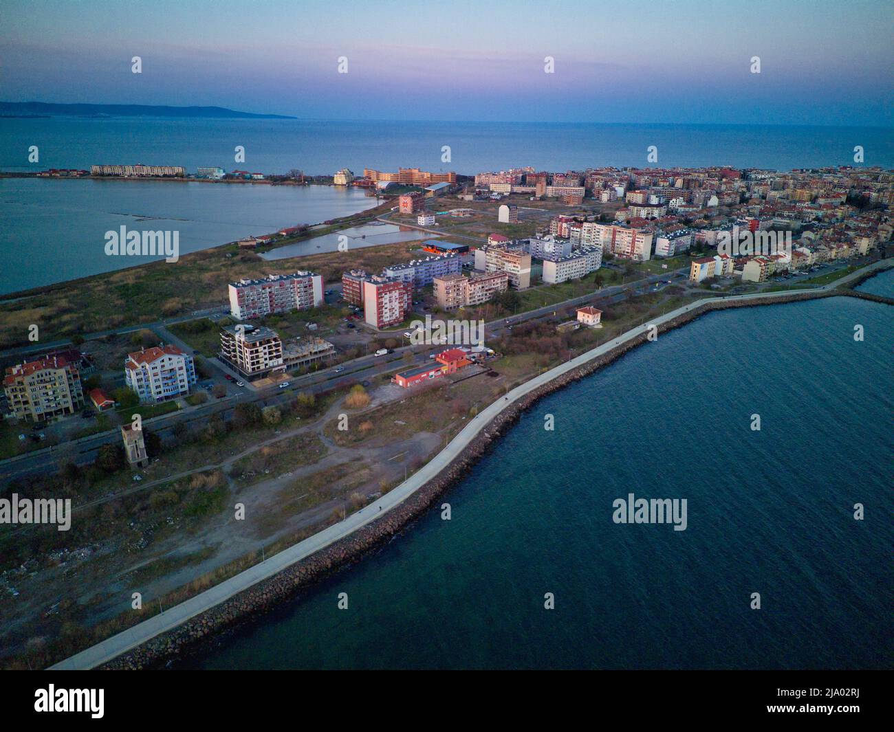 Bird's eye view over small ancient resort town of Pomorie with old ...