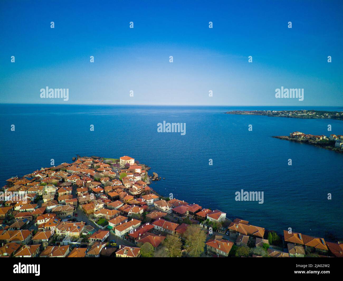 Bird's eye view of the small spring green town of Nessebar with ...