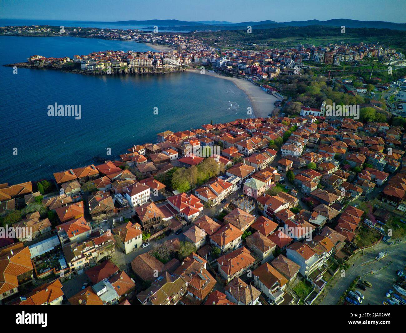 Bird's eye view of the small spring green town of Nessebar with ...