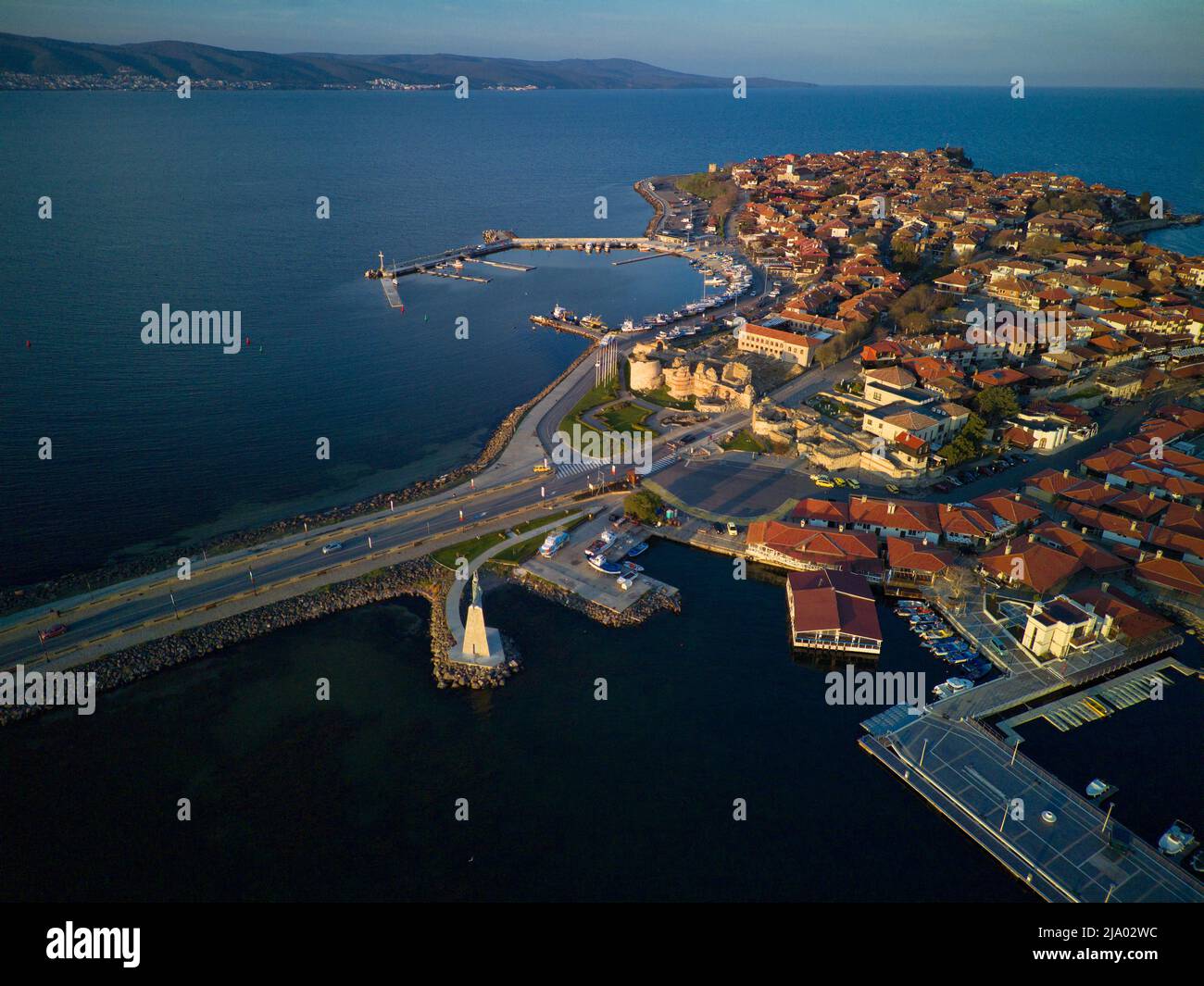 Bird's eye view of the small spring green town of Nessebar with ...
