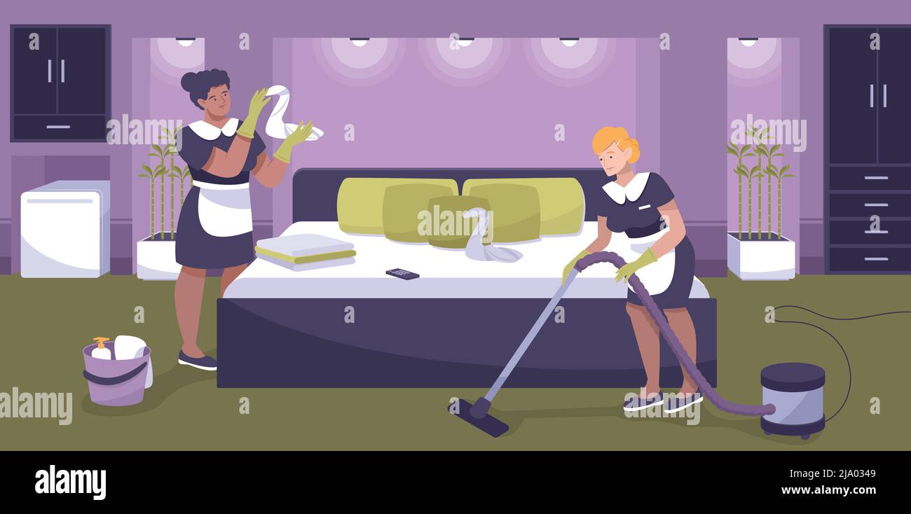 Hotel staff background with cleaning services symbols flat vector ...