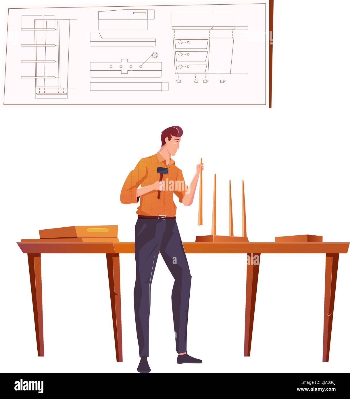 Furniture maker making wooden stool in his workshop flat vector ...