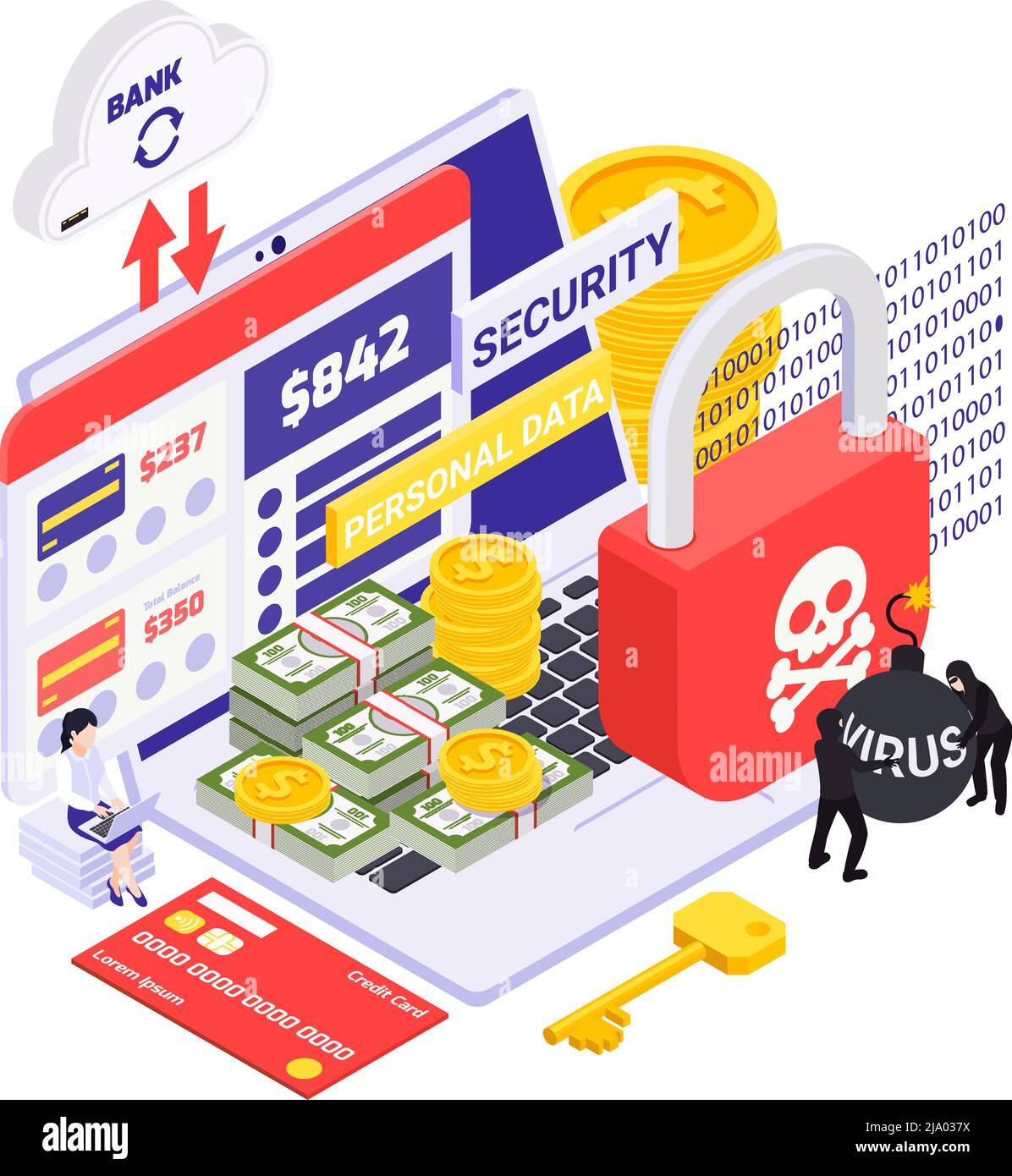Personal data protection isometric composition with credit card ...