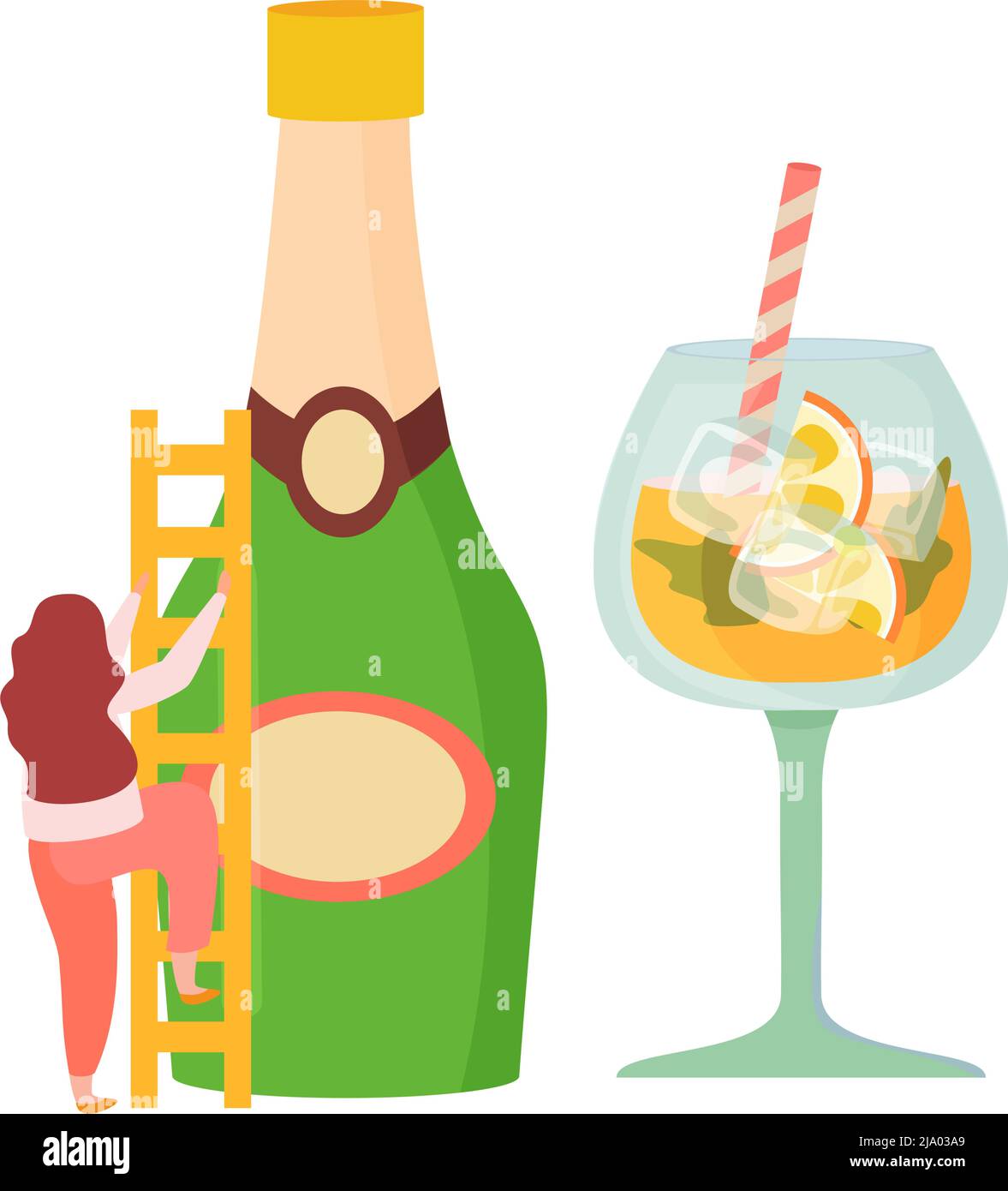 Alcoholic drinks cocktails flat composition with woman holding ladder ...