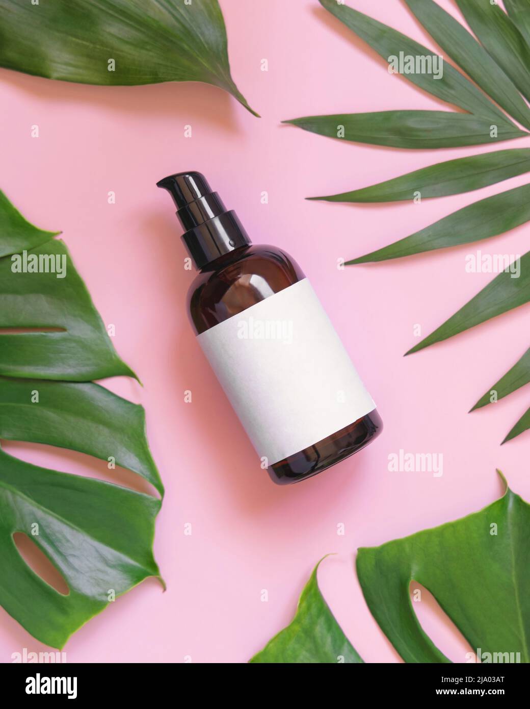 Brown one pump Bottle between tropical leaves on pink top view. Brand ...