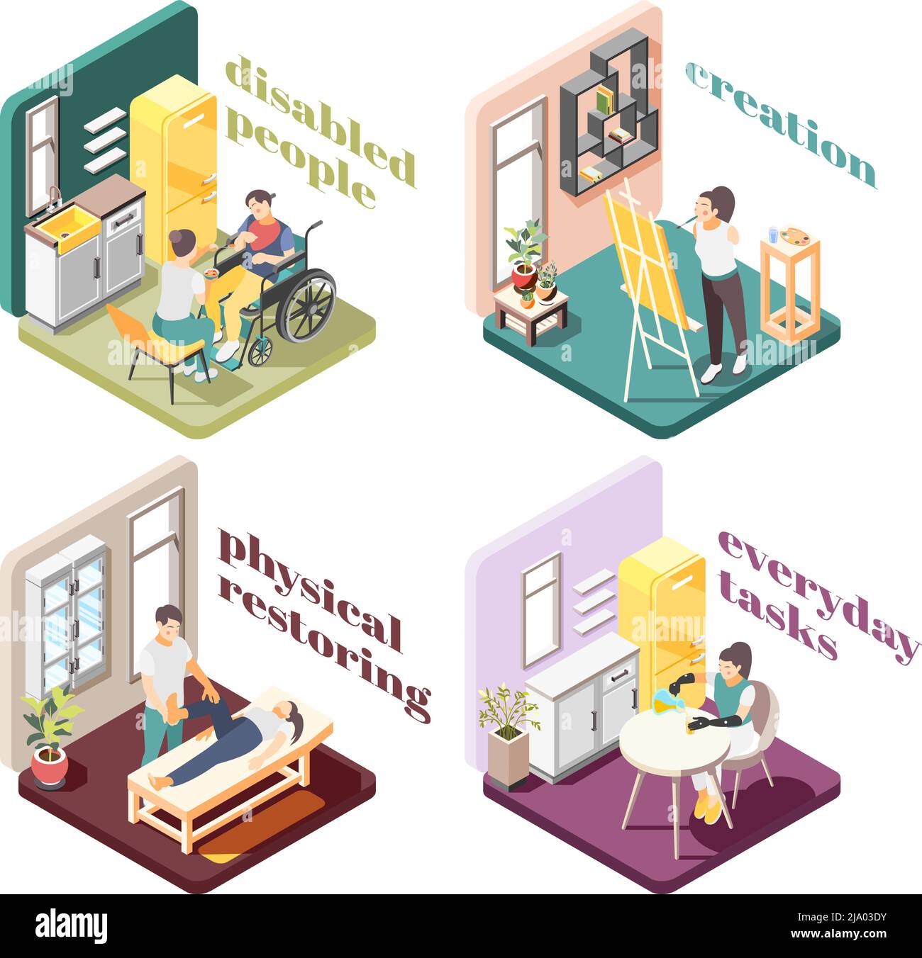 Disabled people 2x2 design concept with physical restoring creation ...