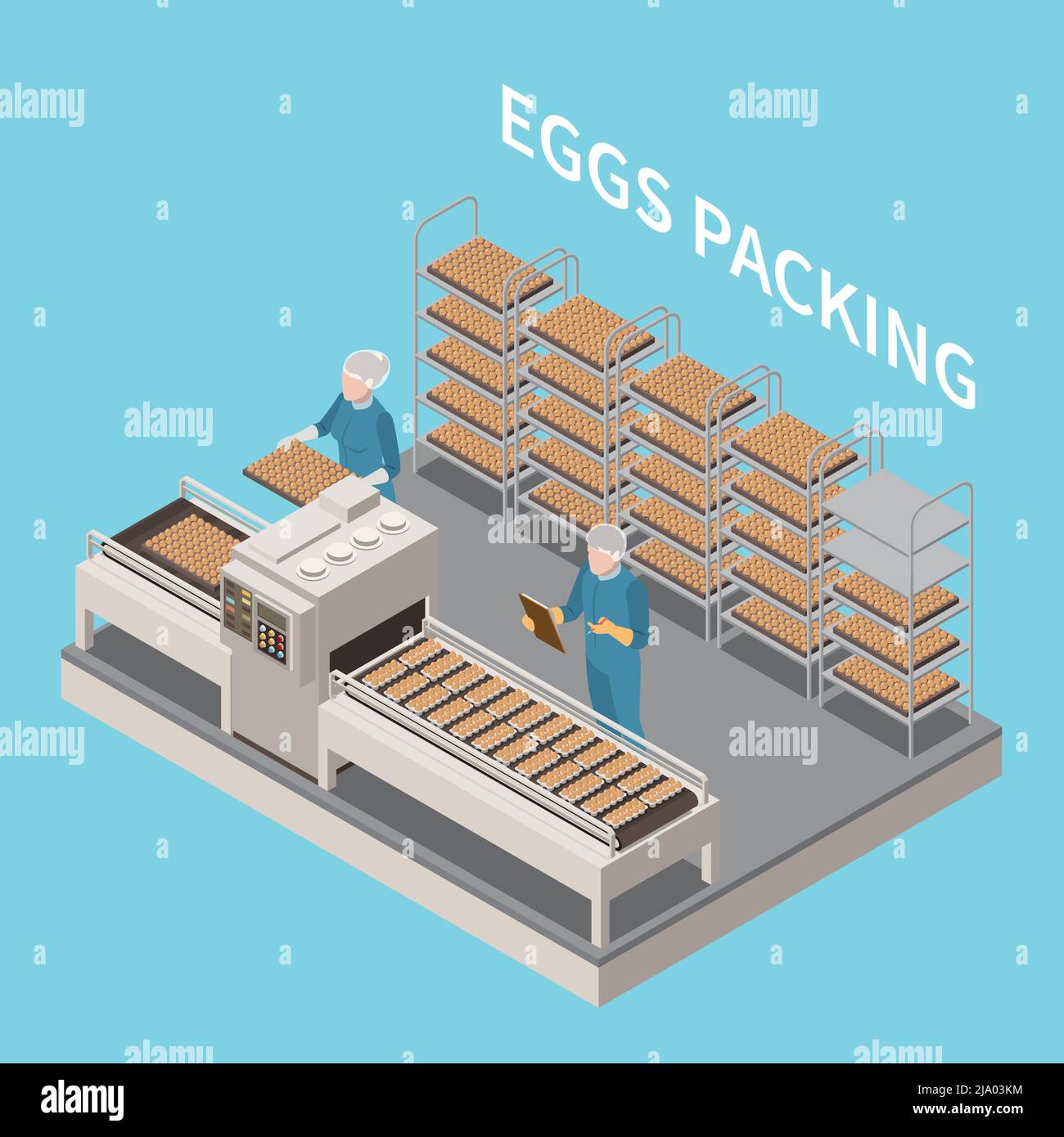Eggs packing isometric background with two people in uniform working on ...