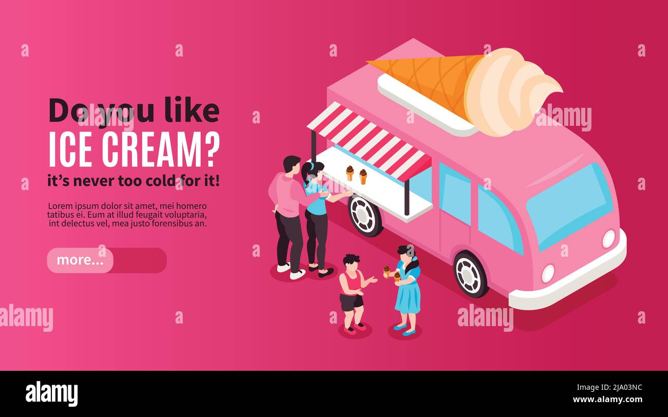 Isometric ice cream horizontal banner with editable text more button ...