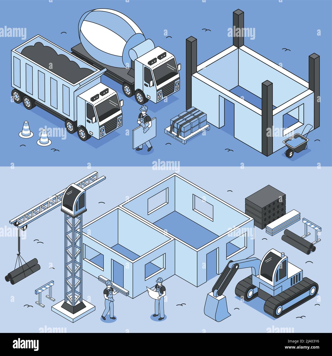 Set of horizontal builders banners with isometric images of ...