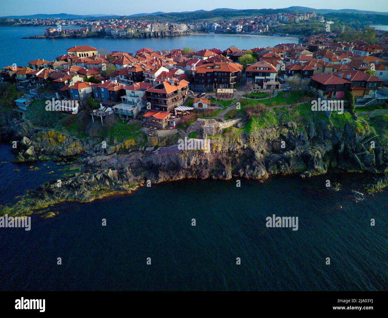 Bird's eye view of the small spring green town of Nessebar with ...