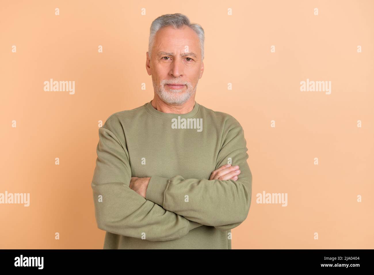 Photo of senior intelligent man crossed hands representative agent ...