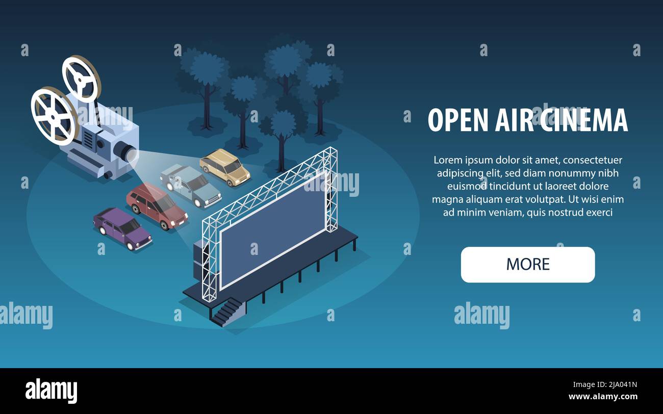 Isometric open air cinema horizontal banner with row of cars in front ...