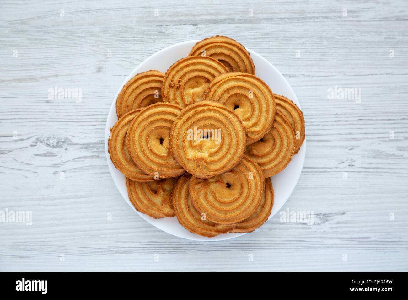 Homemade Sprits Biscuits on a Plate, top view. Flat lay, overhead, from ...
