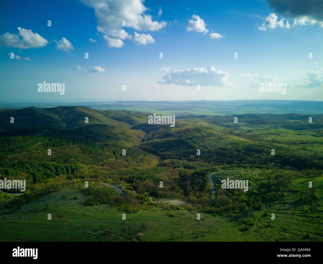 Bird's eye view of spring blooming green meadows and wooded hilly ...