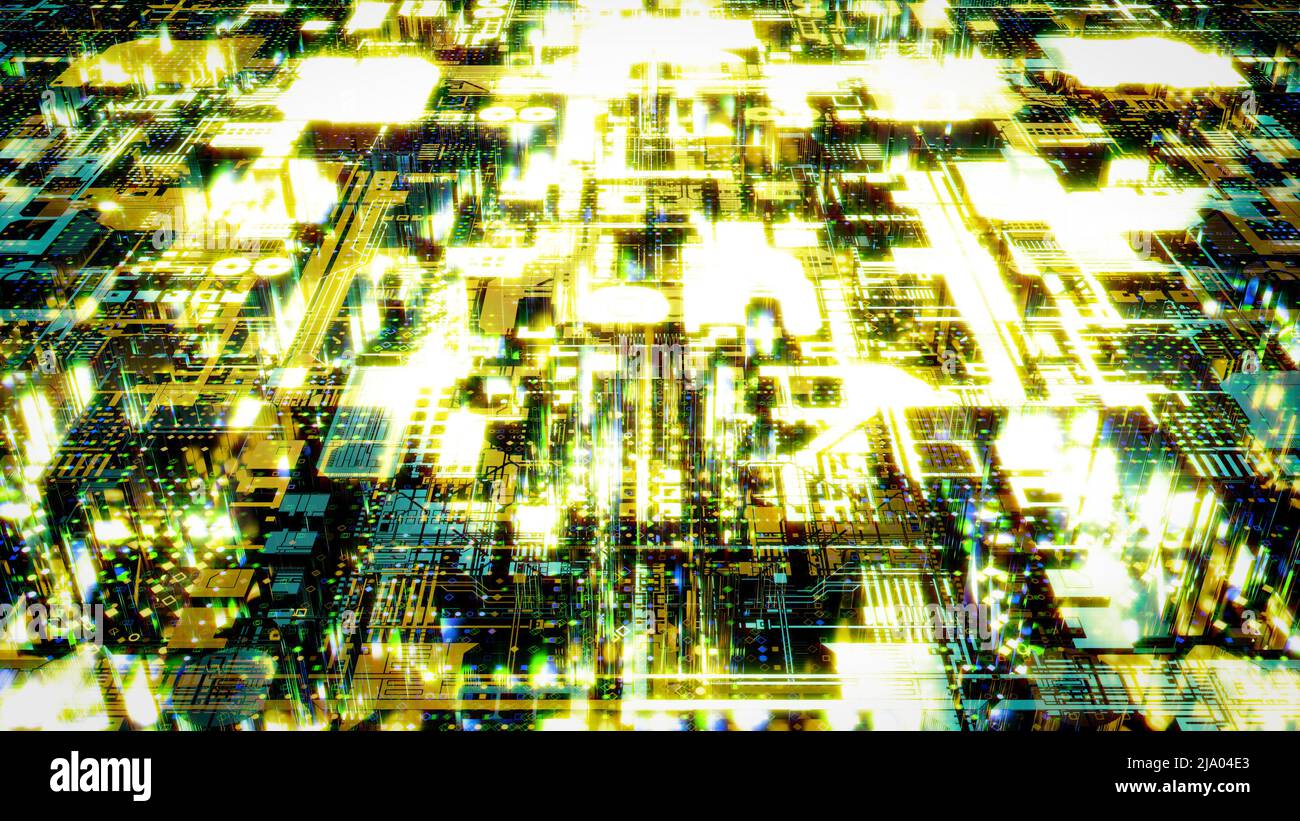 Yellow lighting technologic cyber punk hi-tech background - abstract 3D ...