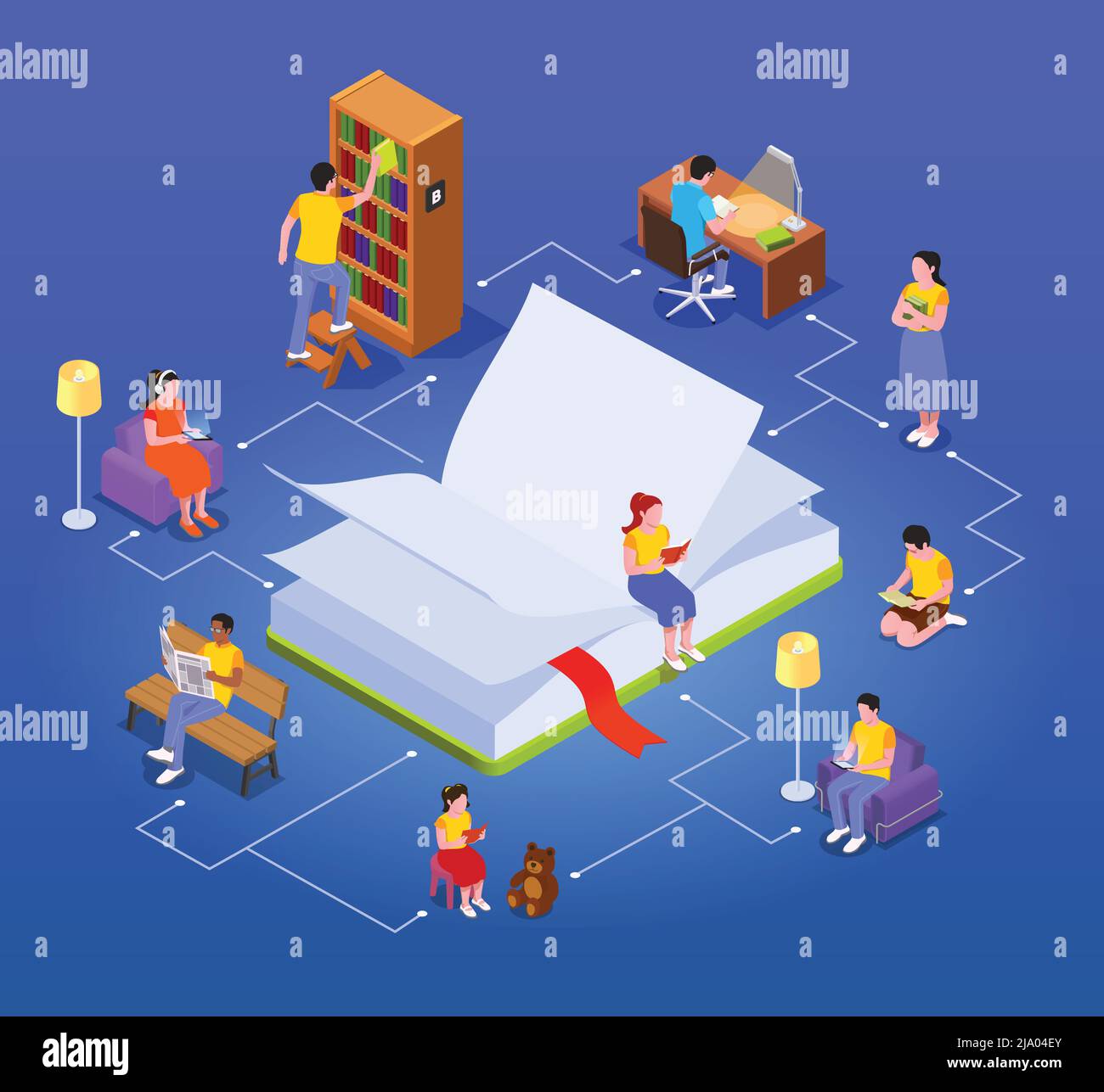 Reading isometric composition with open book image and small human ...