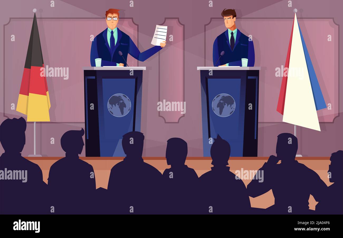 Diplomacy and tribune background with treaty discussion symbols flat ...