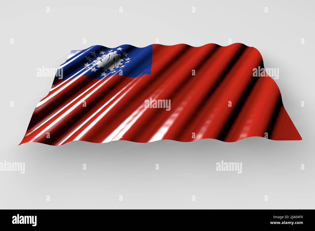 pretty shiny flag of Myanmar with big folds lying isolated on grey ...