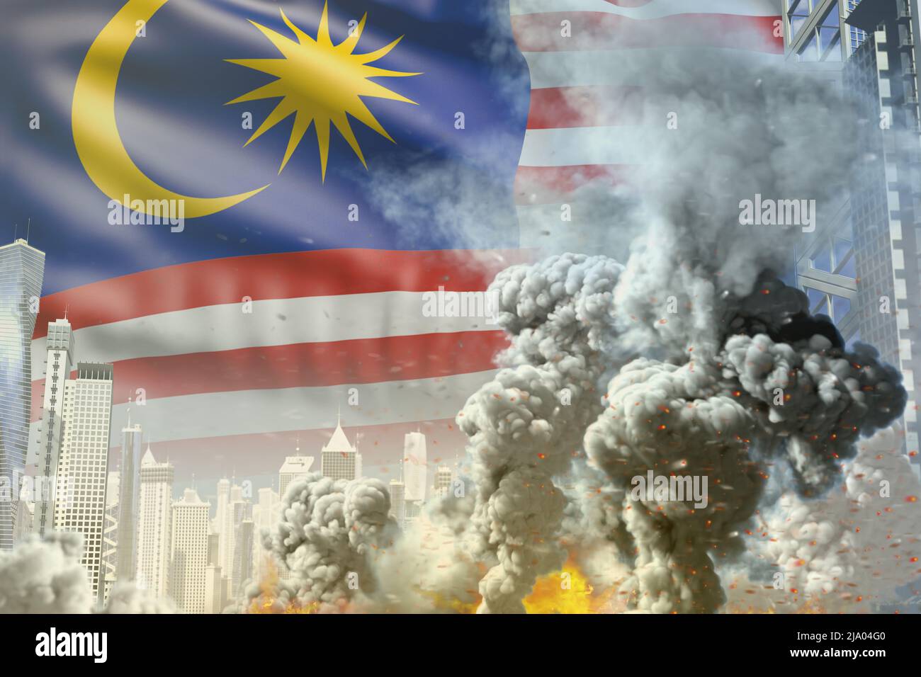 huge smoke column with fire in the modern city - concept of industrial ...