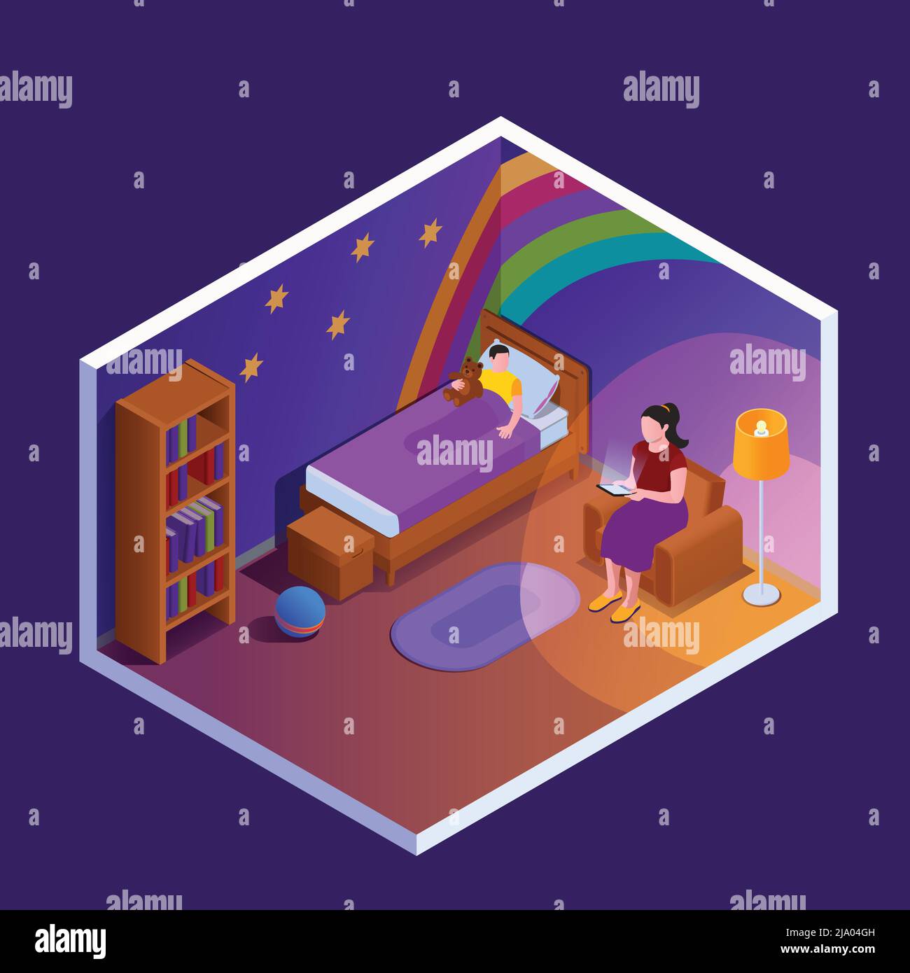 Reading isometric composition with view of childrens bedroom with ...