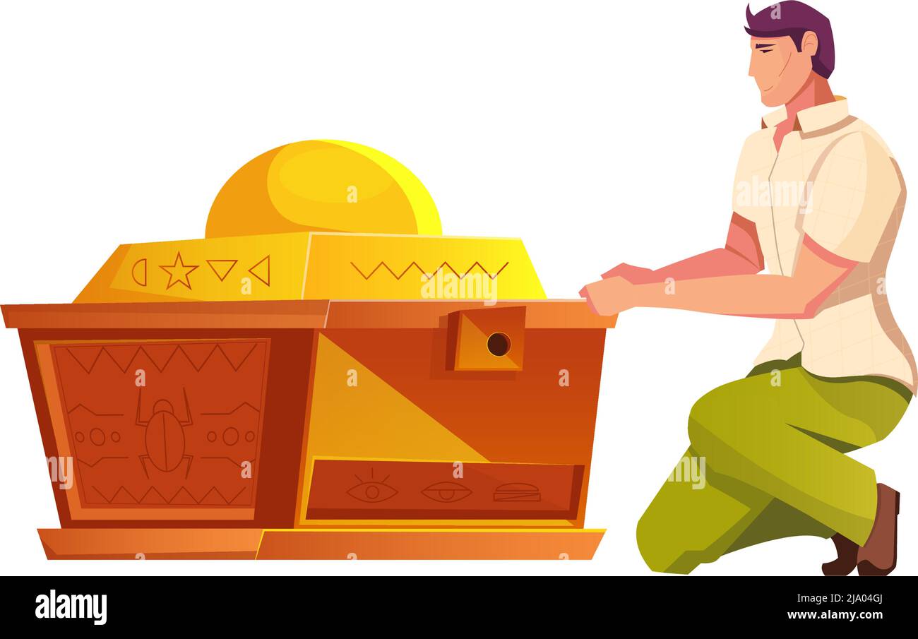 Treasure hunt flat composition with male character opening ancient ...