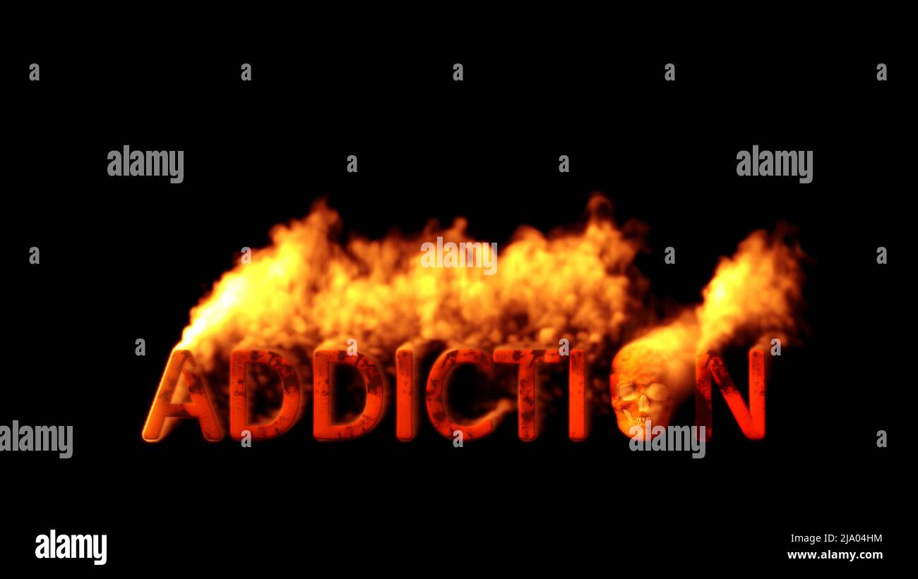 Text addiction with human skull burning on black background, isolated ...
