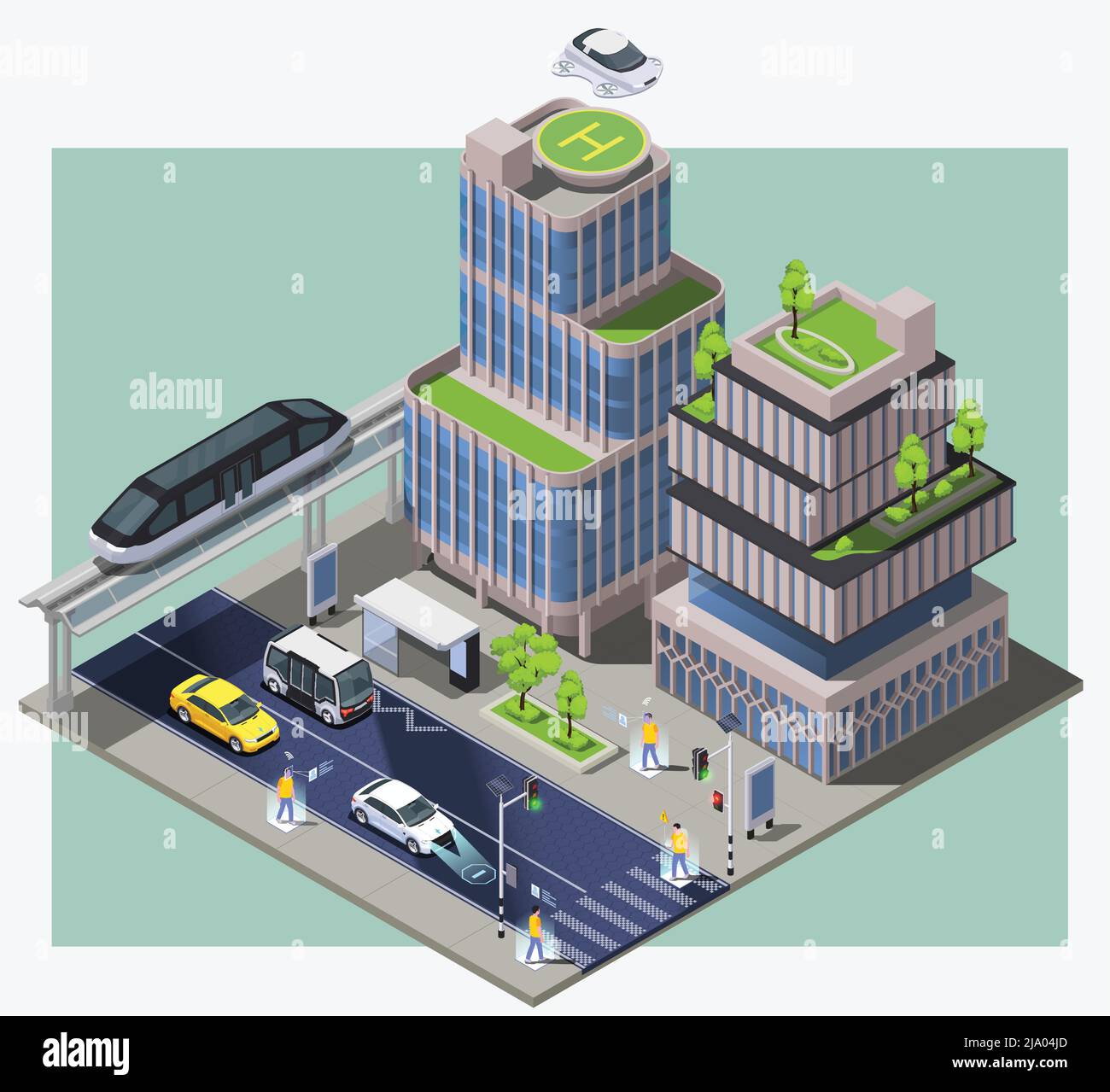 Smart city technologies isometric composition with image of city block ...