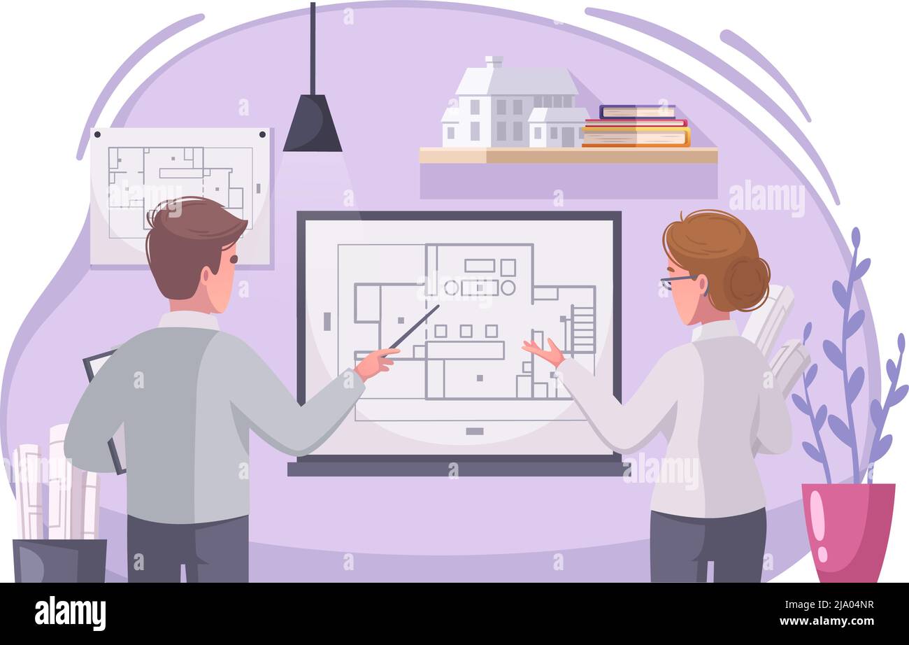 Architect work cartoon composition with male female colleagues ...