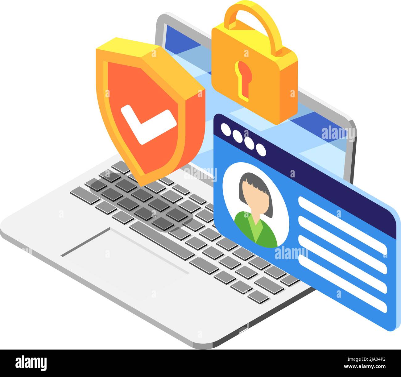 Protected personal data on laptop isometric icon with colorful elements ...