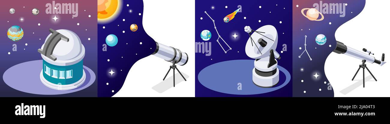 Astronomy isometric 4x1 design concept with images of electronic and ...