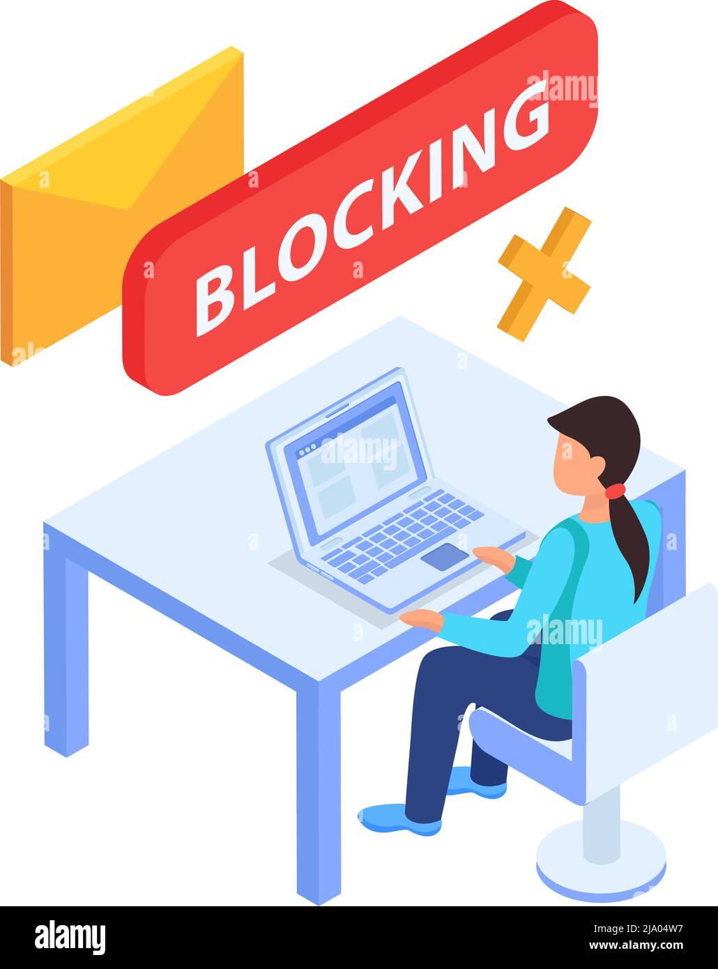 Blocking internet websites isometric icon with human character text 3d ...