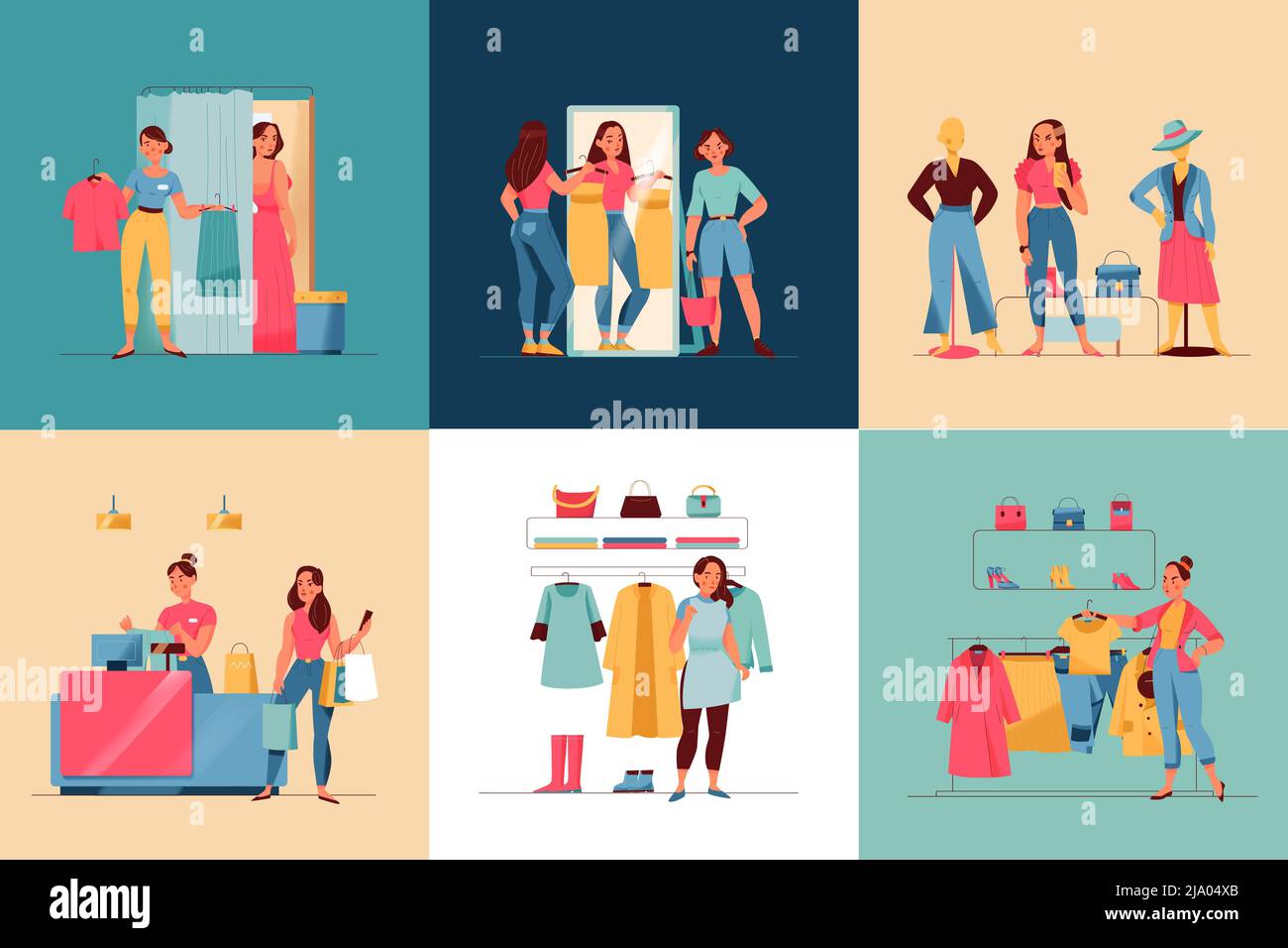 Women in clothing store square set with fashion flat isolated vector ...