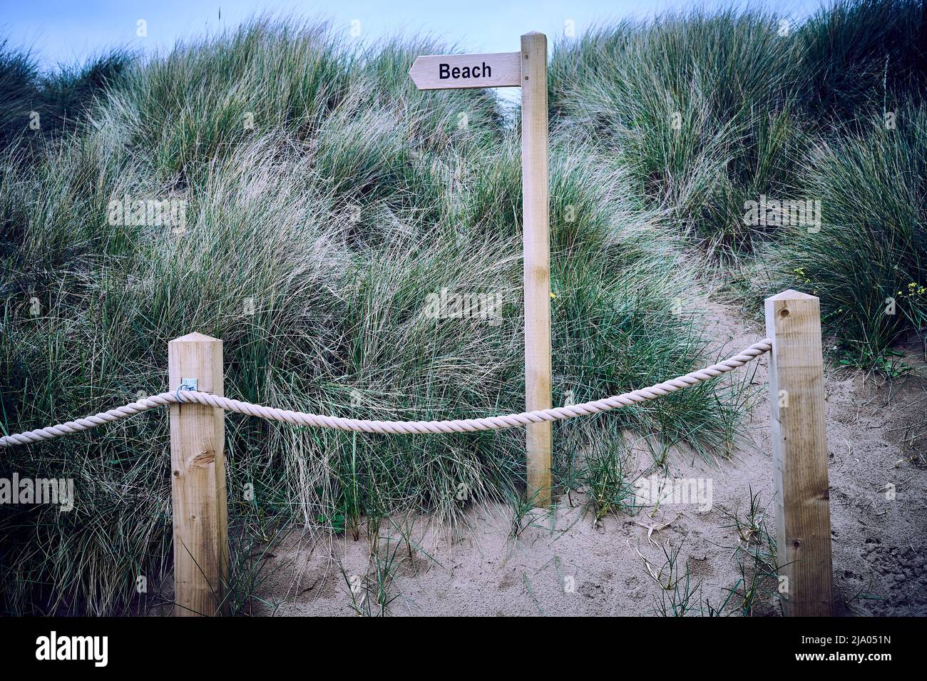 Simple wood sign on post pointing to the Beach Stock Photo - Alamy