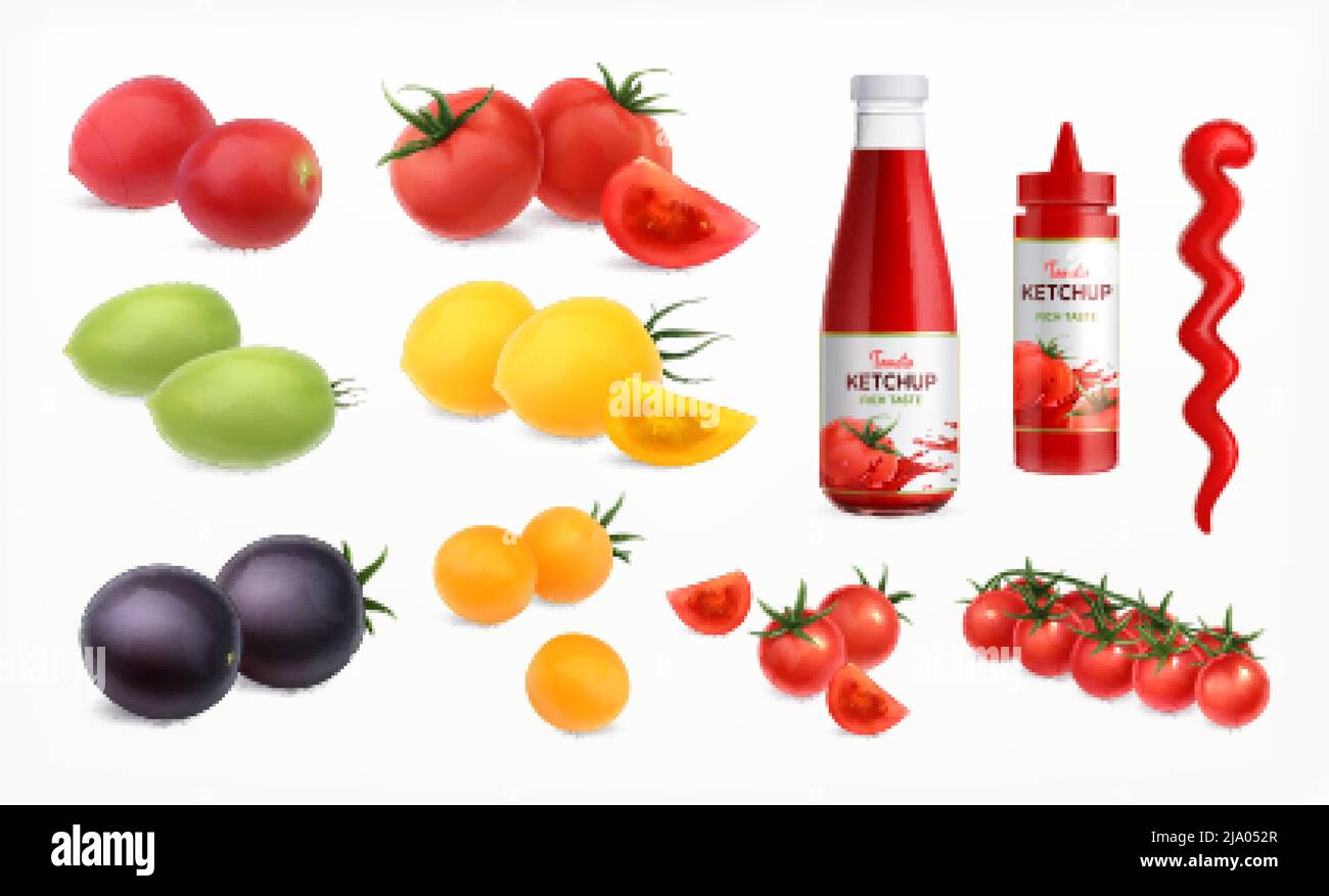 Tomatoes realistic icons set with ketchup symbols isolated vector ...