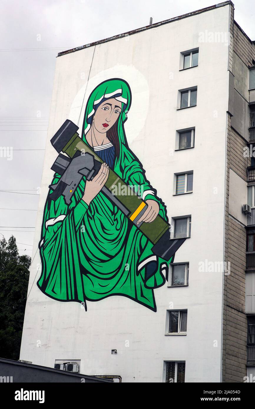 KYIV, UKRAINE - MAY 26, 2022 - The Saint Javelin mural is pictured on ...