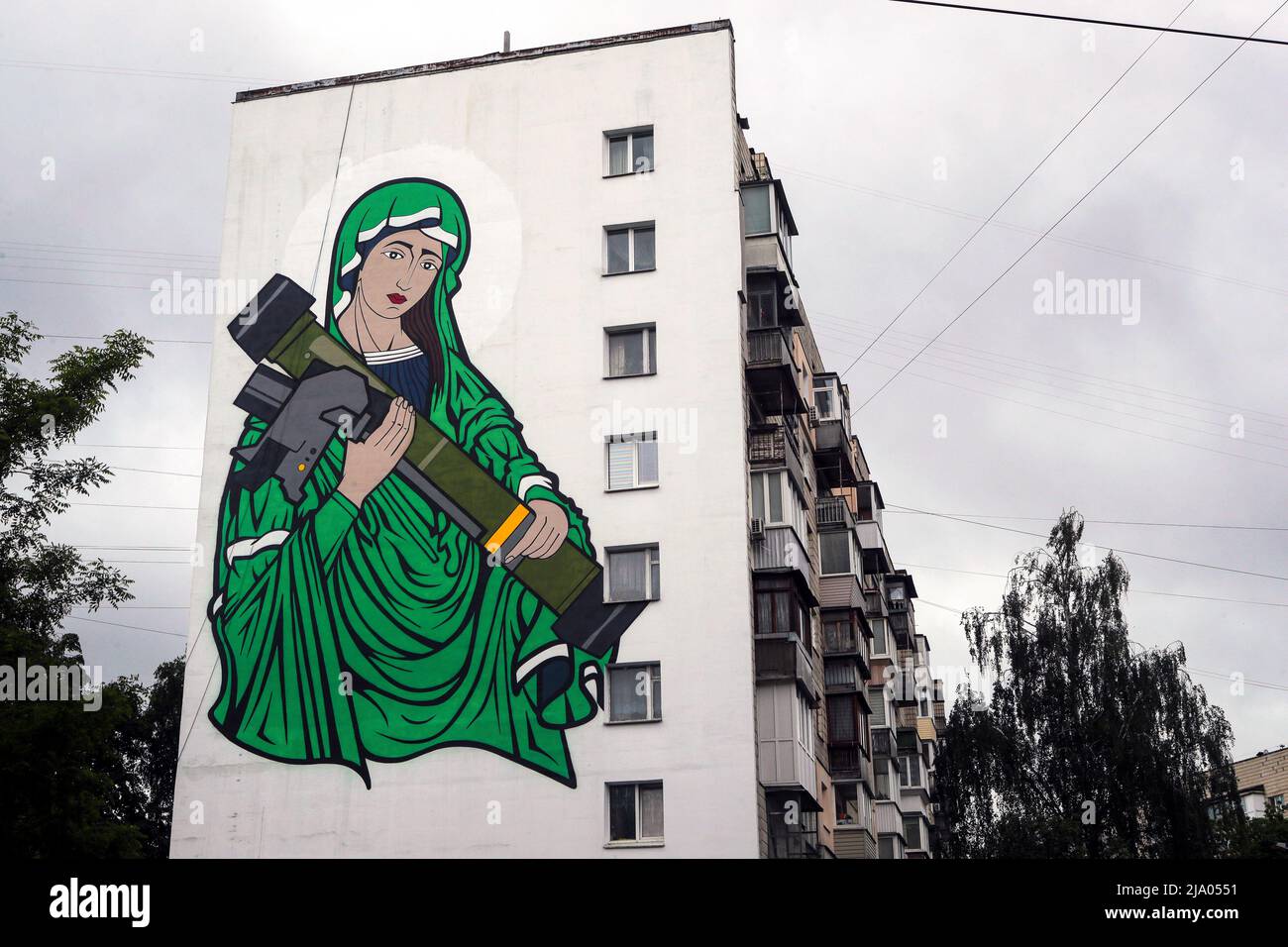 KYIV, UKRAINE - MAY 26, 2022 - The Saint Javelin mural is pictured on ...