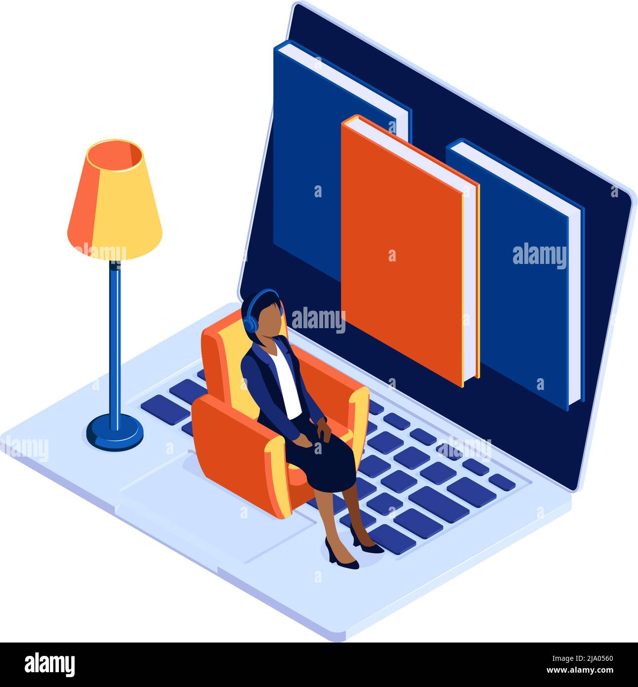 Audio books library concept with 3d laptop and woman in headphones ...