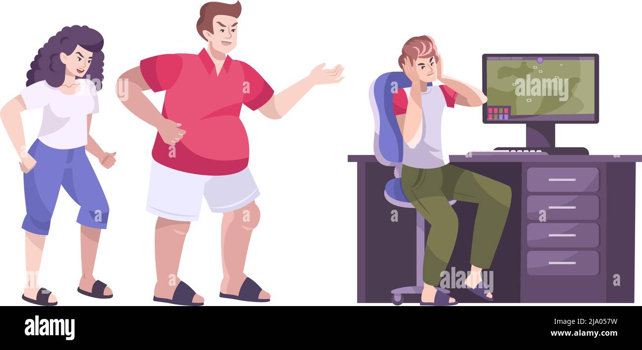 Troubled teens flat composition with angry parents shouting at gaming ...