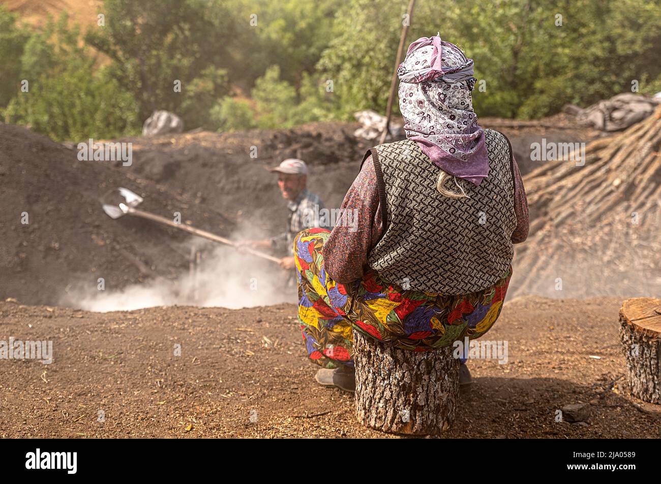an old woman sitting on a tree stump watching her village and ...