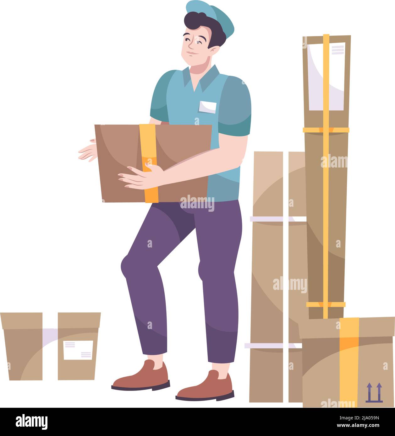Flat postal worker carrying parcel box vector illustration Stock Vector ...