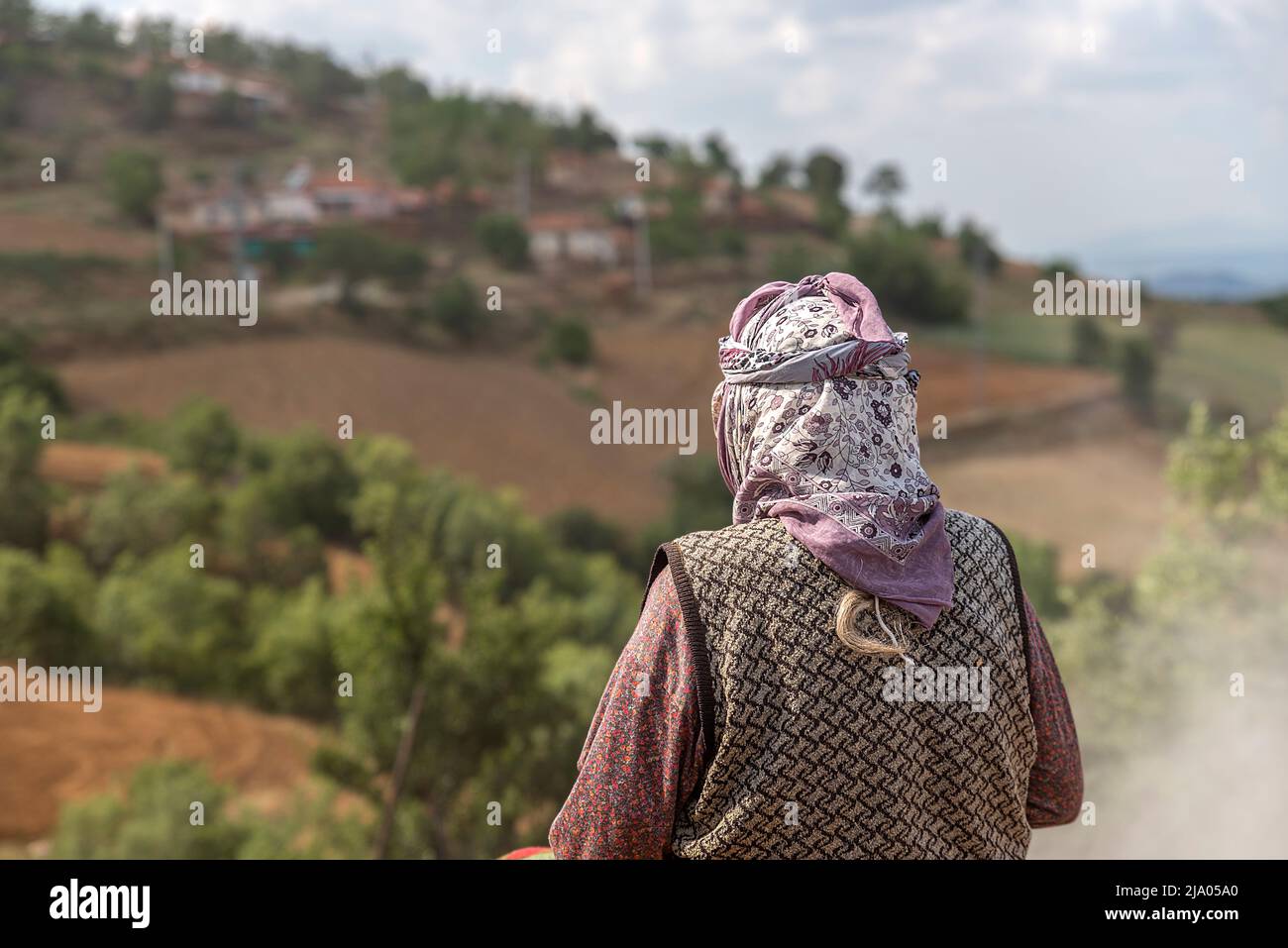 an old woman sitting on a tree stump watching her village and ...