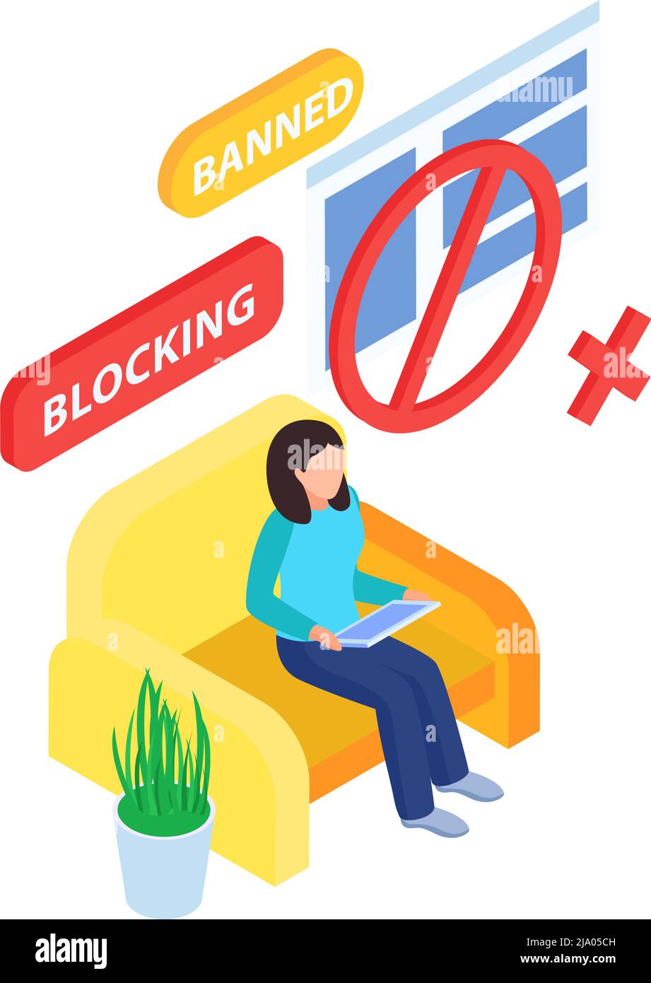 Isometric icon with human character of banned internet user and 3d ...