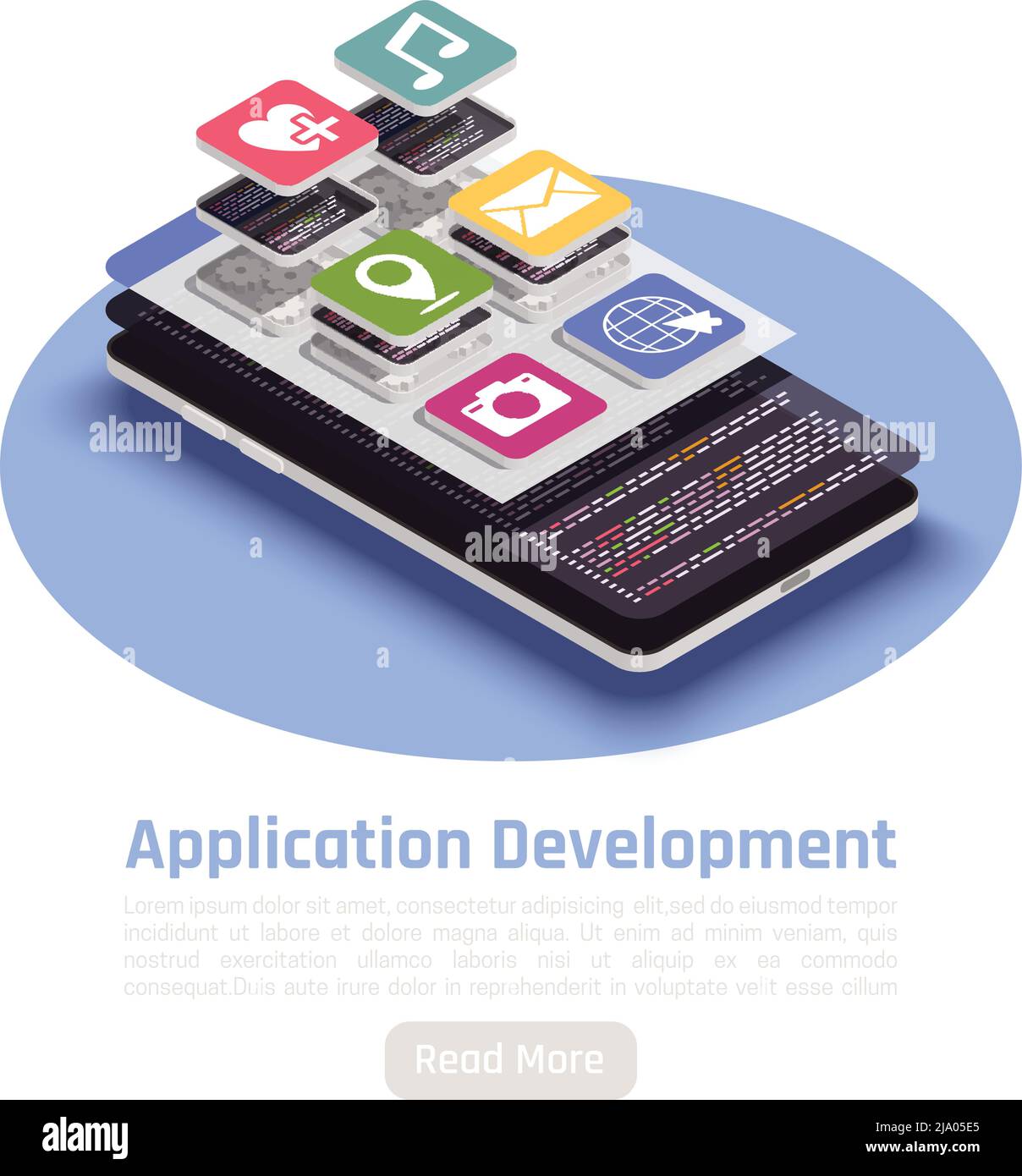 Application development isometric background with round composition of ...
